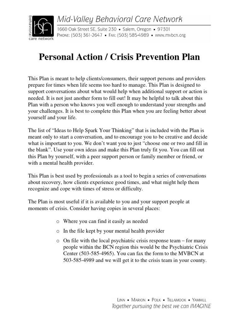 Personal Action Crisis Prevention Plan | PDF | Mental Health | Mental ...