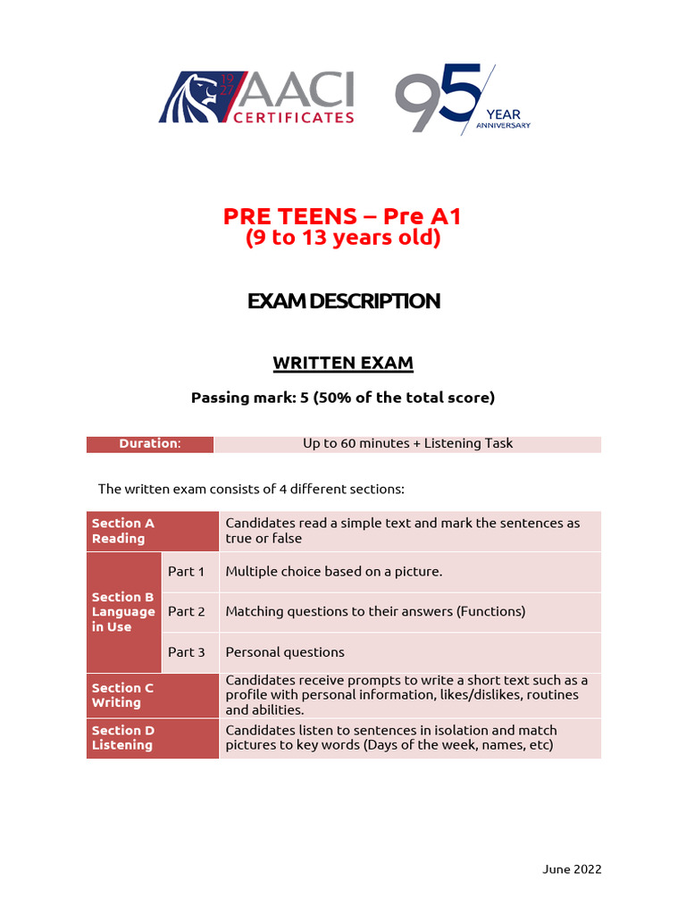 Pre Teens English Exam Overview | PDF