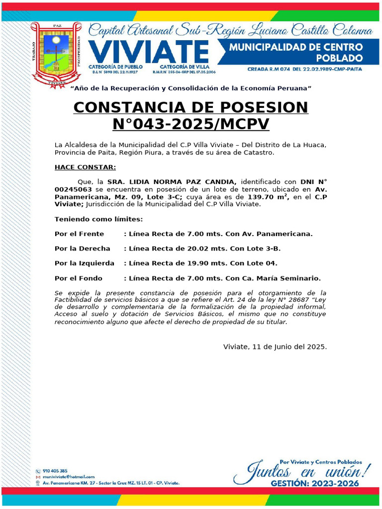 Constancia de Posesión en Viviate | PDF