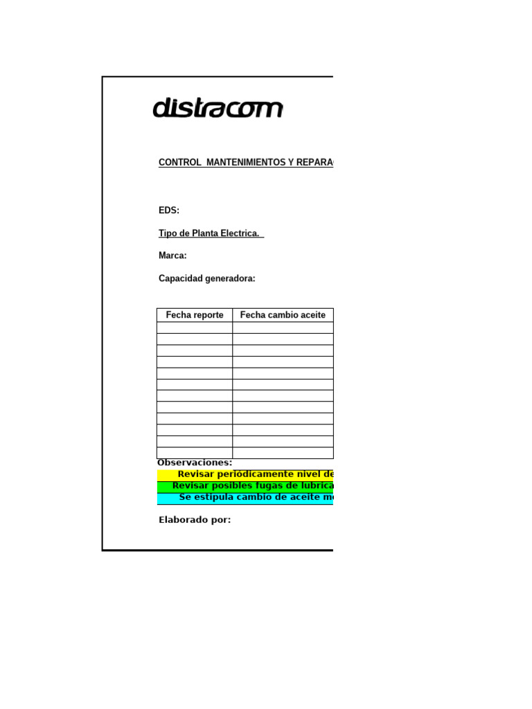 Formato Planta Electrica (Mtto y Control Combustible) | PDF | Tecnología de vehículos