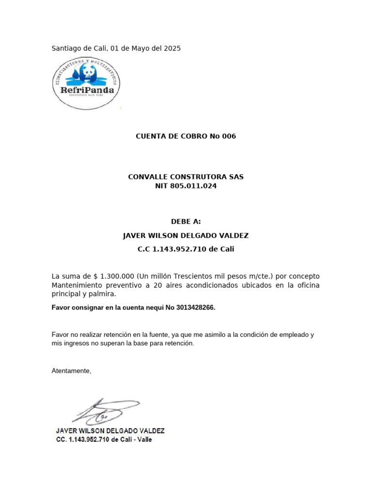 Cta de Cobro Javer | PDF