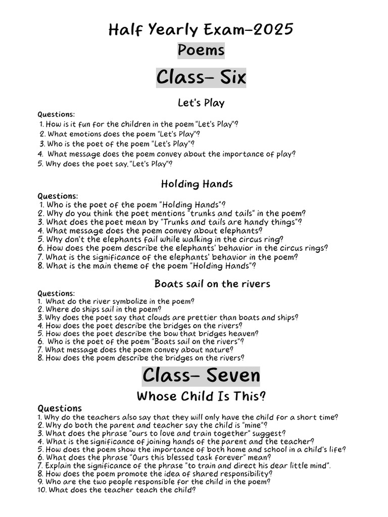 Poems' Questions HY 25 | PDF