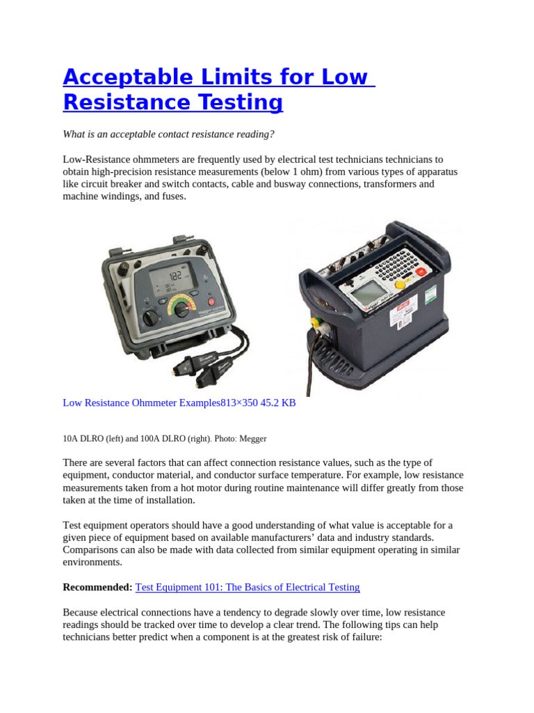 Acceptable Limits for Low Resistance Testing | PDF | Fuse (Electrical ...