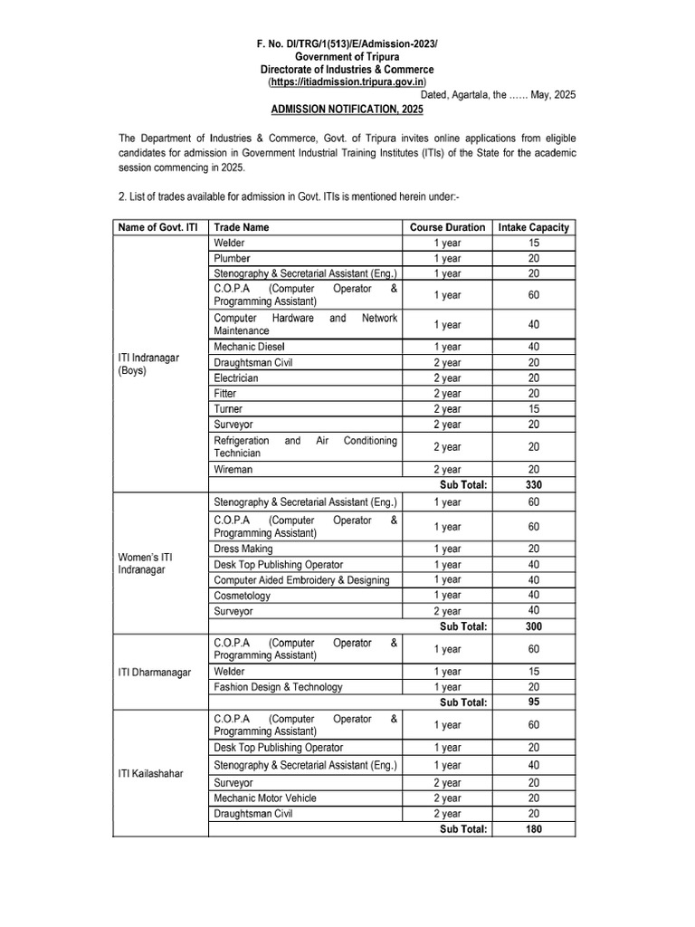 ITI Admission Notification 2025 - English | PDF