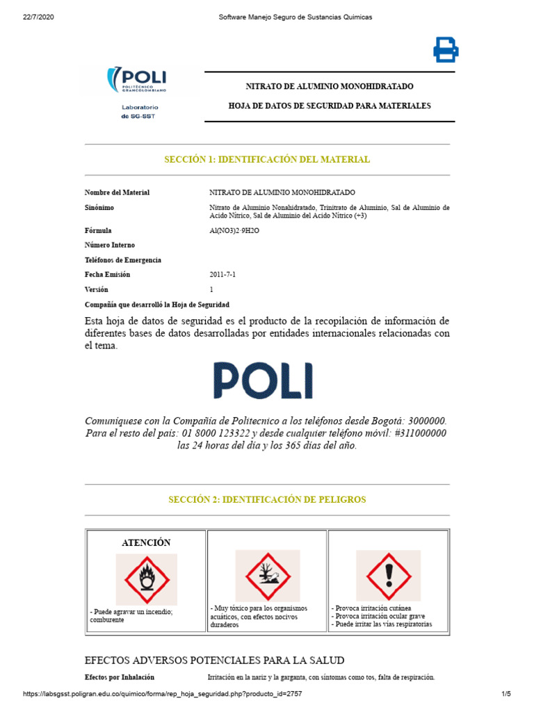 Hoja de Seguridad: Nitrato de Aluminio | PDF | Agua | Combustión