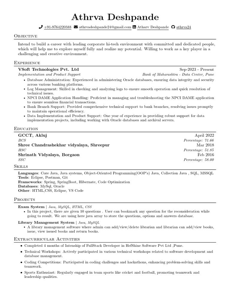 Athrva Deshpande 01 Yr Exp | PDF | Databases | Java (Programming Language)