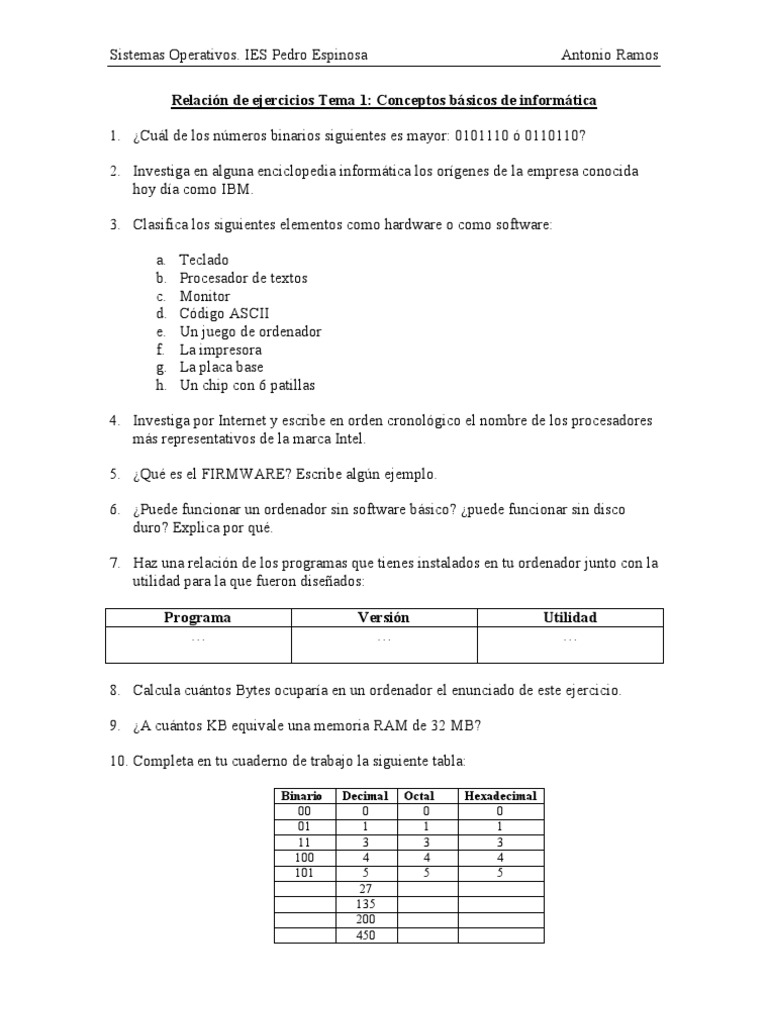 Relacion de Ejercicios Tema 1 | PDF | Poco | Byte
