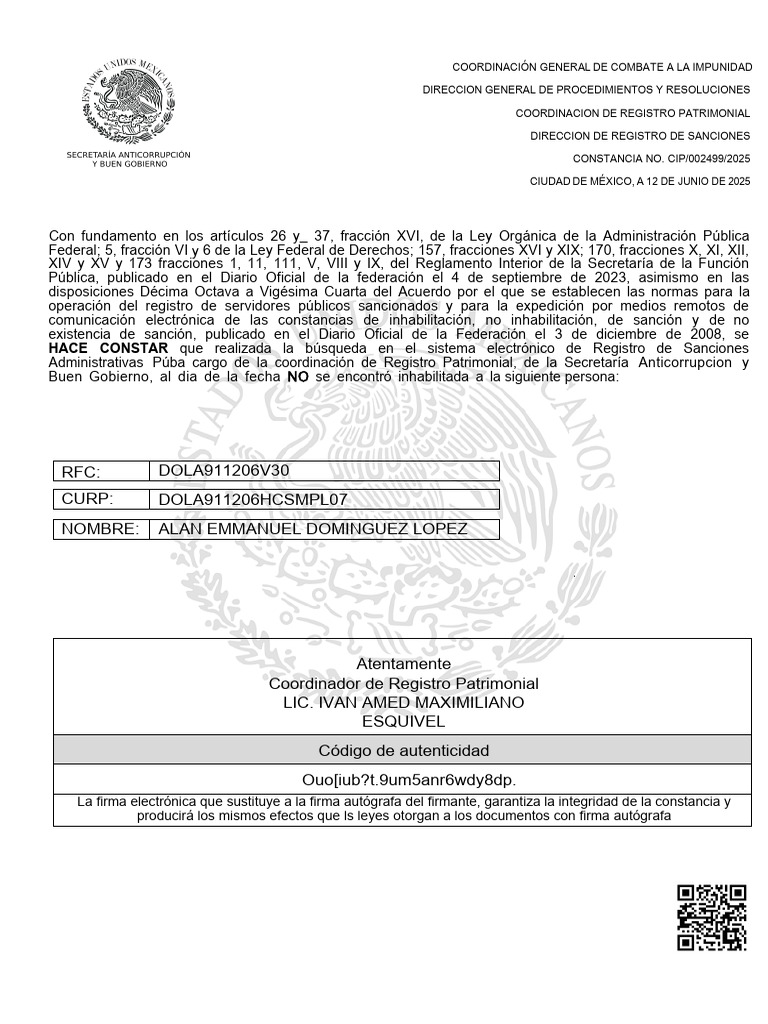 Constancia de No Inhabilitación: Alan Domínguez | PDF | Gobierno