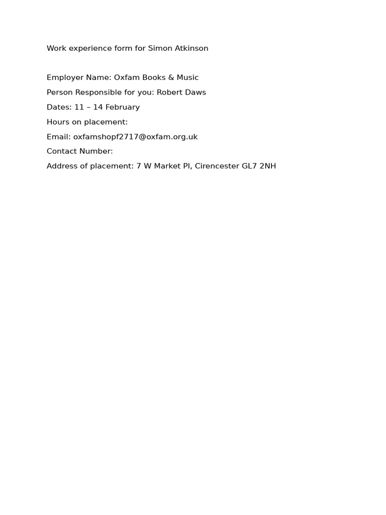 Work Experience Placement Details | PDF