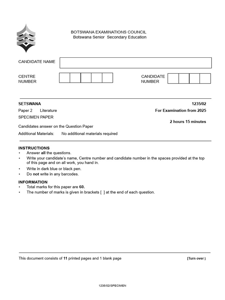 Setswana Paper 2 Specimen 2025 | PDF