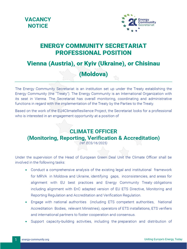 Climate Officer Vacancy at Energy Community | PDF | Business