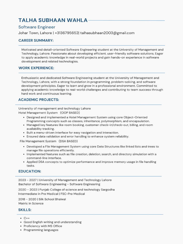Talha Subhaan Resume | PDF