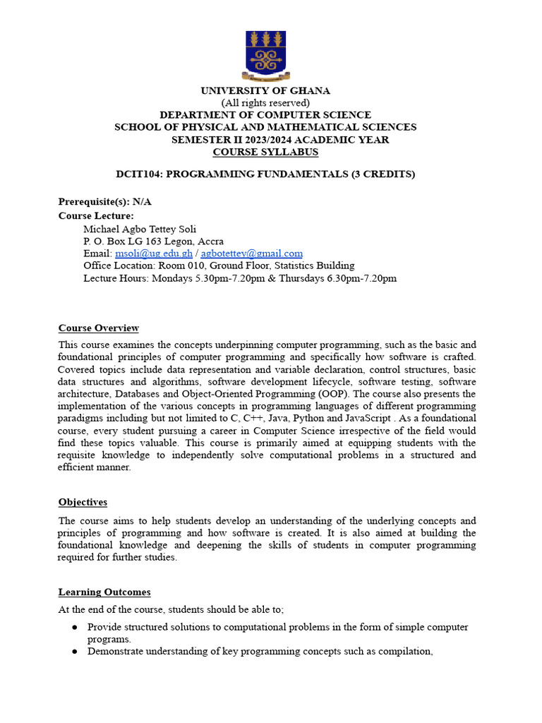 Dcit104 - Programming Fundamentals Course Outline 2023 - 2024 | PDF | Computer Programming ...