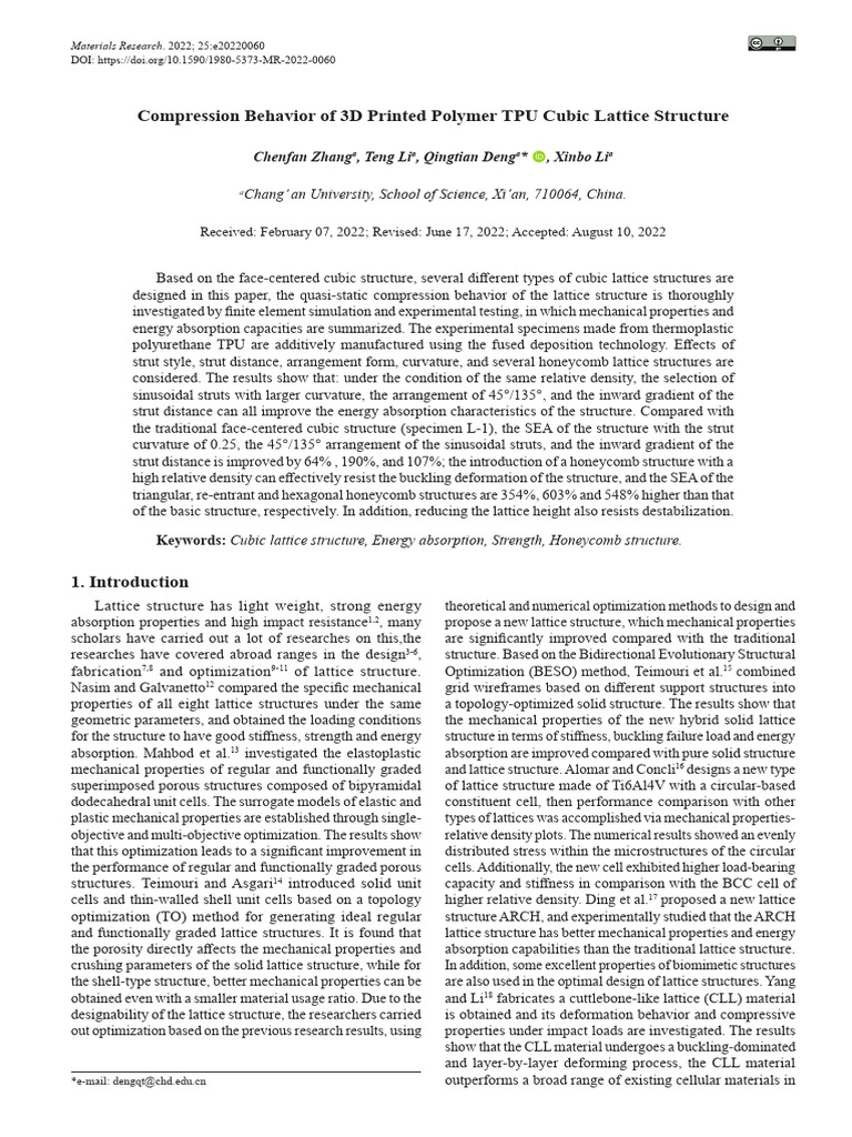 Compression Behavior of 3D Printed Polymer TPU Cubic Lattice Structure ...