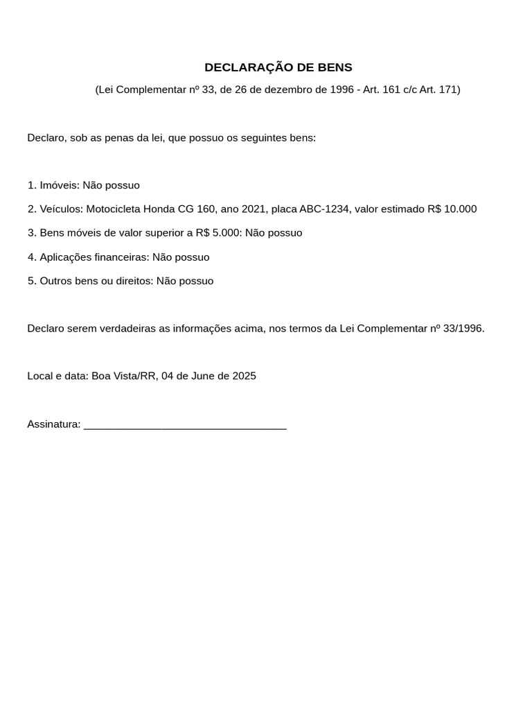 Modelo Declaracao de Bens | PDF