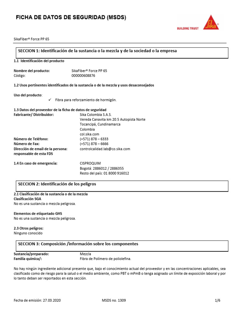 Co-Hs - SikaFiber - Force - PP - 65 - S Hormigon | PDF | Residuos | Agua