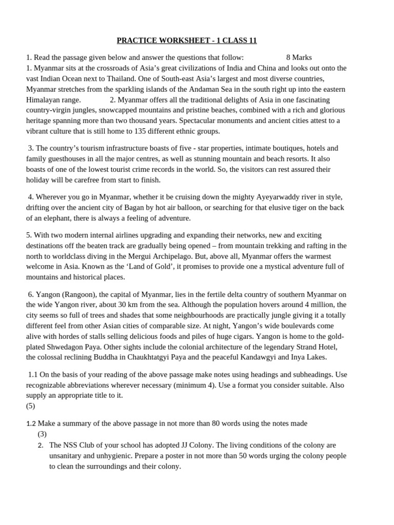 Practice Worksheet 1 Class 11 Pdf