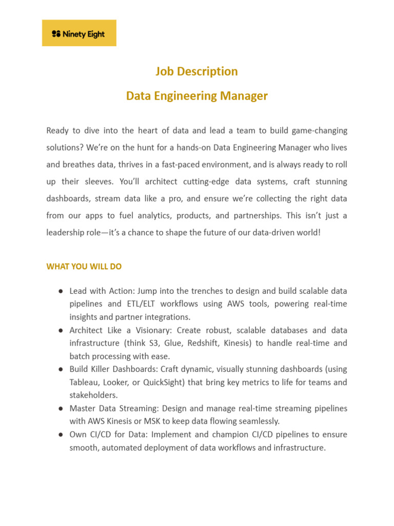 JD - Data Engineering Manager - 2025 | PDF | Amazon Web Services | Computing