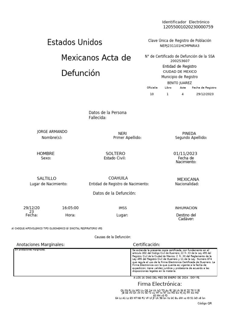 PDF Acta de Defuncion 0000030e0000123 - Compress | PDF | Firma | Vigilancia
