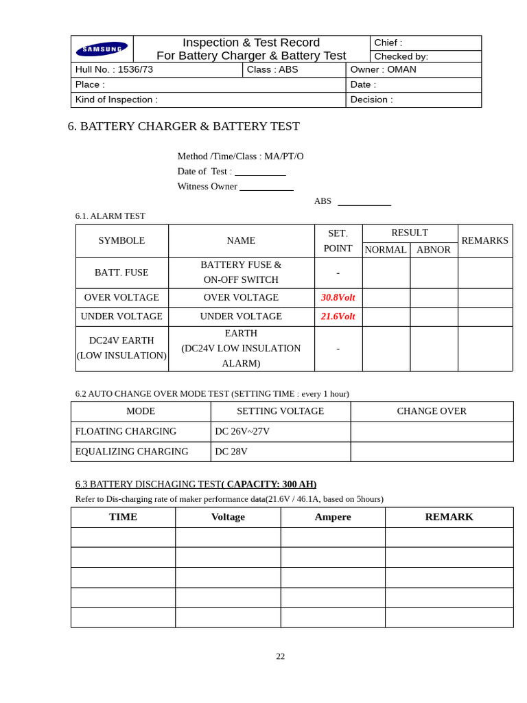Battery Charger & Test Inspection Record | PDF
