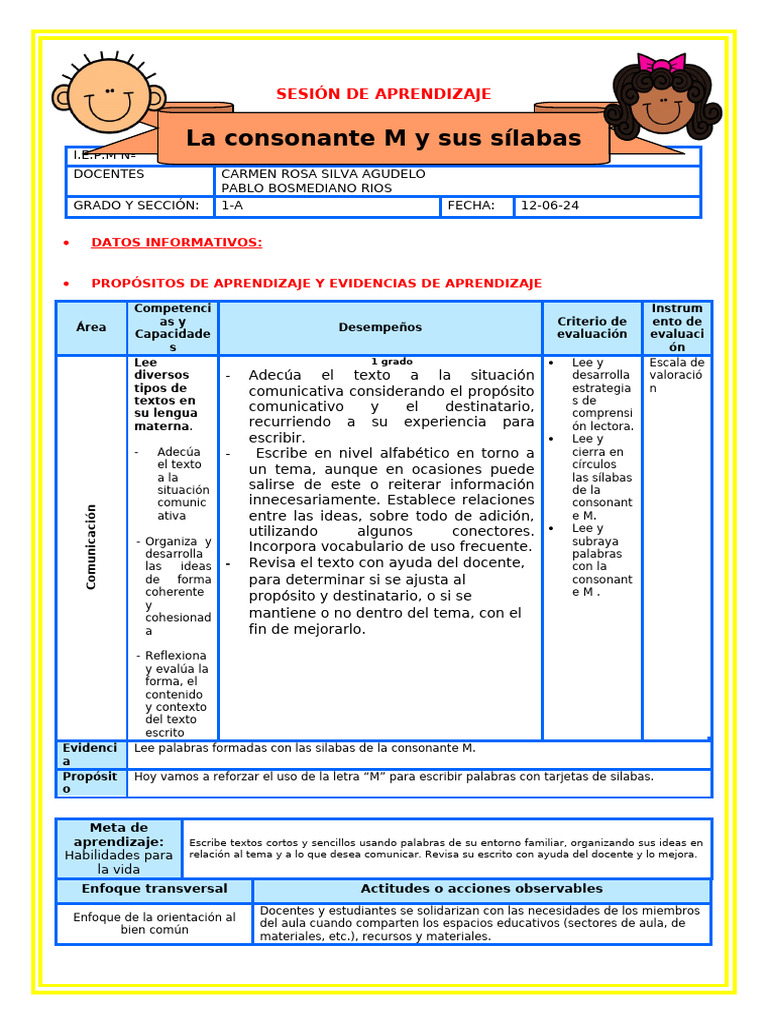 Sesión de Aprendizaje: Consonante M | PDF | Salón de clases | Aprendizaje
