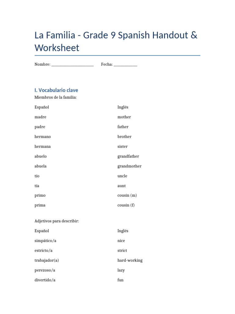 La Familia Grade9 Spanish Worksheet | PDF | Lingüística