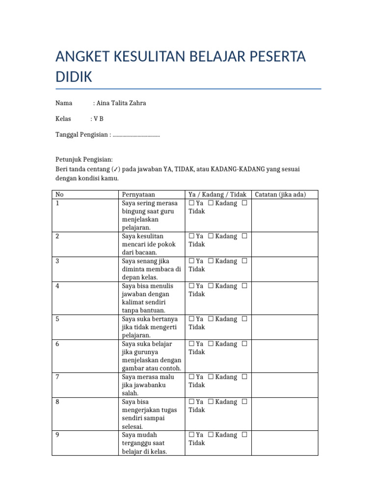 Angket Kesulitan Belajar Aina | PDF