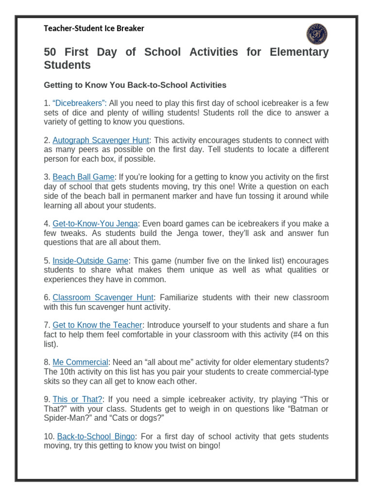 50 First Day of School Activities For Elementary Students | PDF