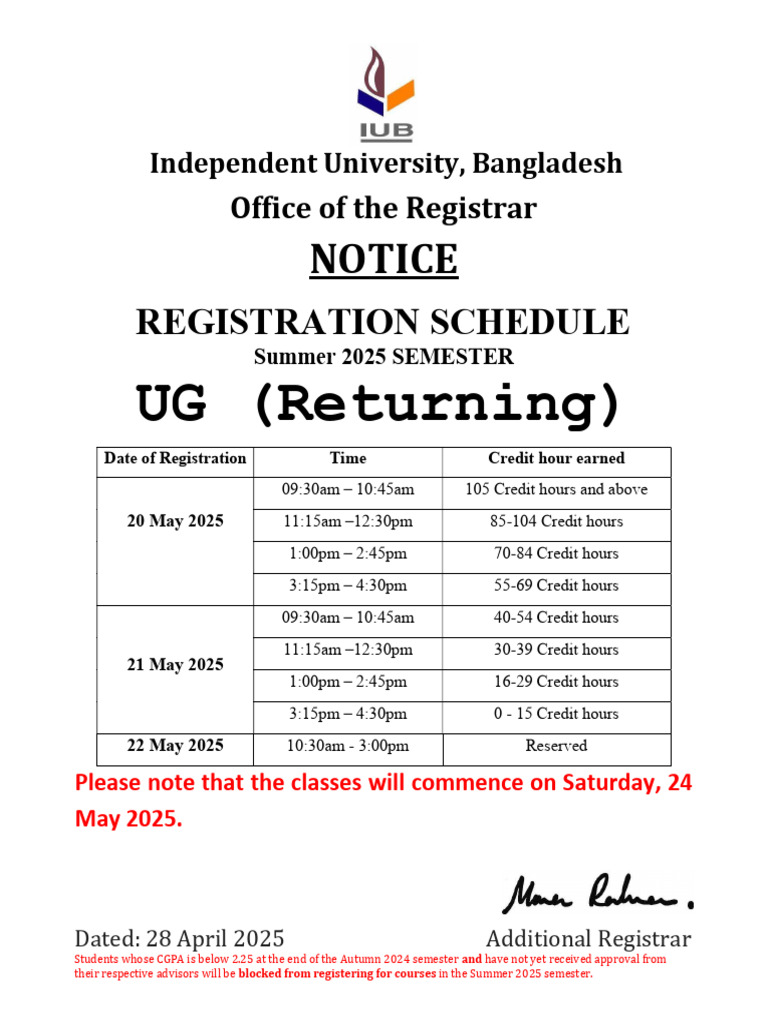 Summer 2025 Registration Schedule | PDF