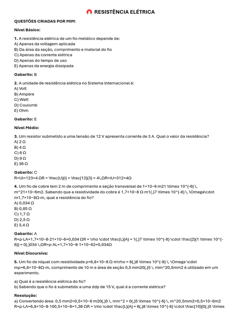 Trabalho de Física | PDF | Resistência elétrica e condutividade | Eletricidade