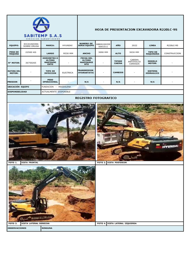 Ficha Tecnica Excavadora r220lc-9s | PDF