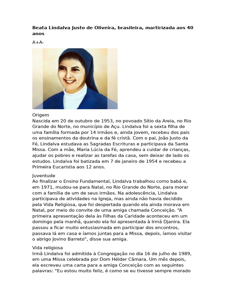 Beata Lindalva Justo de Oliveira, Brasileira, Martirizada Aos 40 Anos | PDF