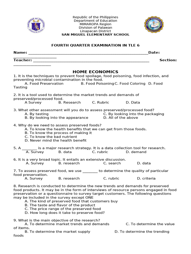 TLE 6 Home Economics Exam Guide | PDF | Food Preservation | Food Science