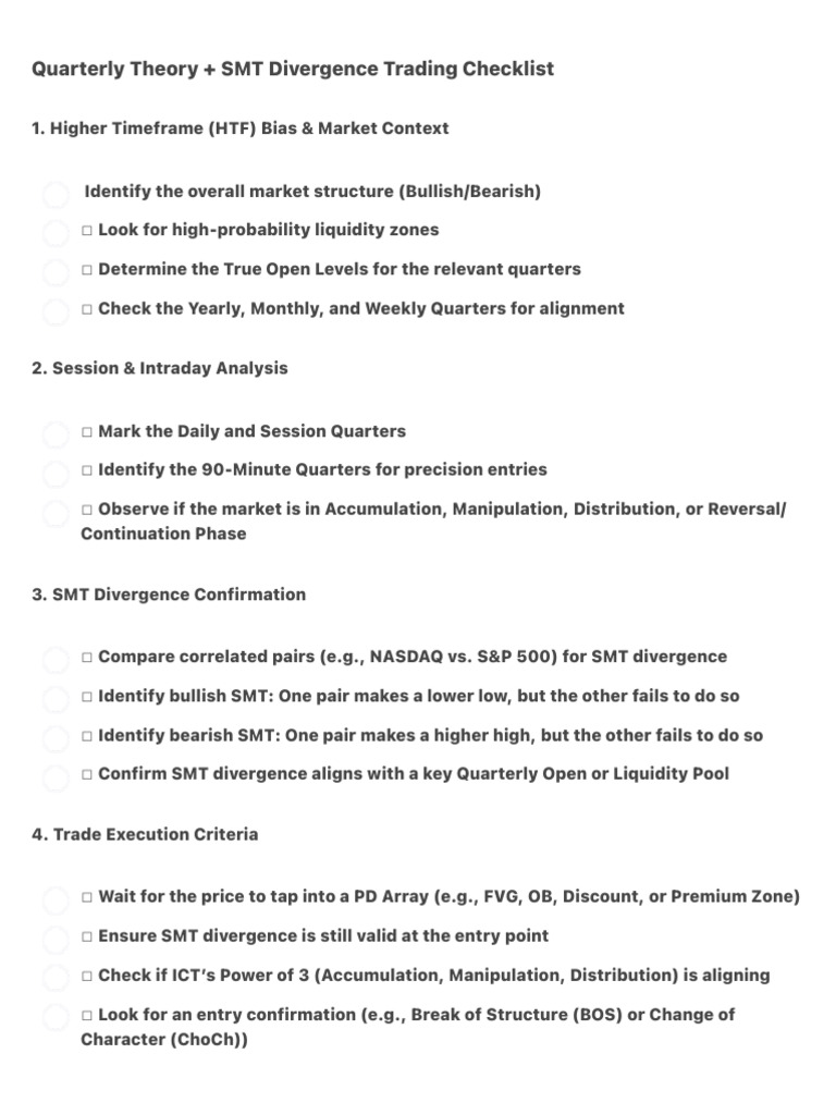Quarterly Theory + SMT Divergence Trading Checklist | PDF