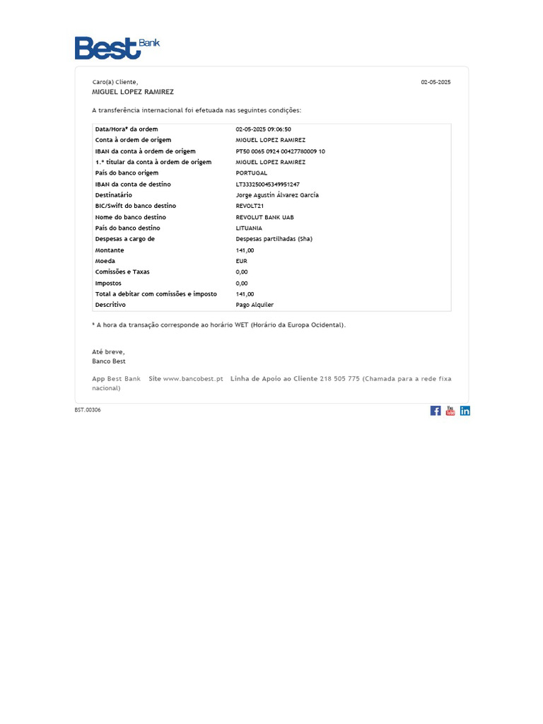 Transferência Internacional - Banco Best | PDF