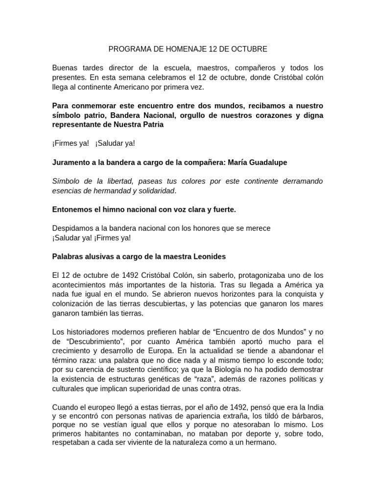 Programa de Homenaje 12 de Octubre | PDF | Cristobal colon