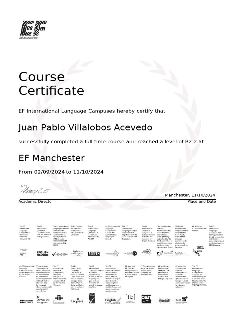 EF Full-Time Course Certificate | PDF