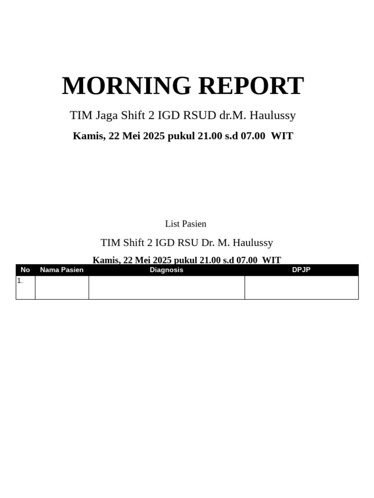 MR Tim Shift 2 IGD RSUD Haulussy - Kamis, 22 Mei 2025 | PDF