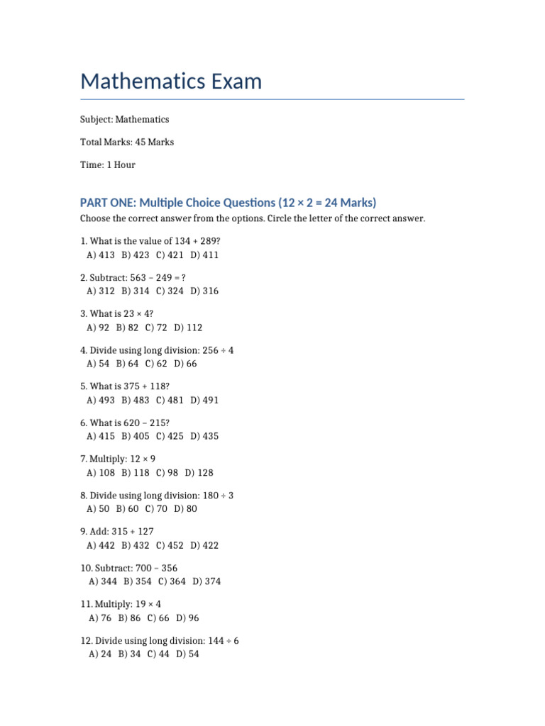 Mathematics Exam Format | PDF
