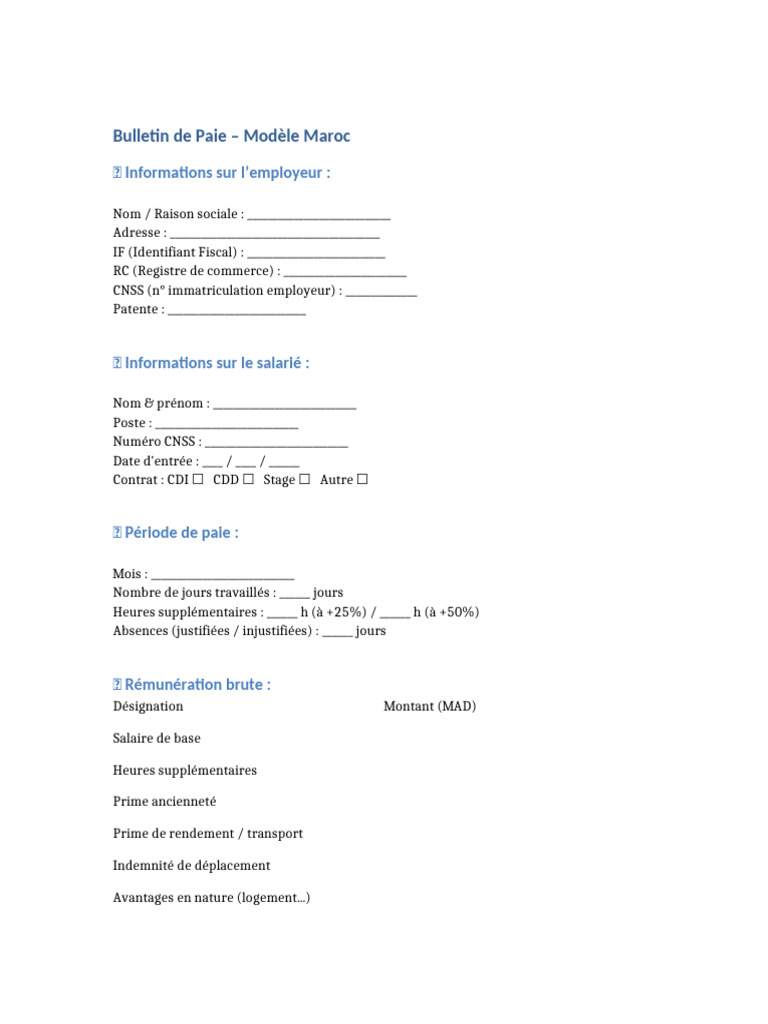 Modèle de Bulletin de Paie Maroc | PDF