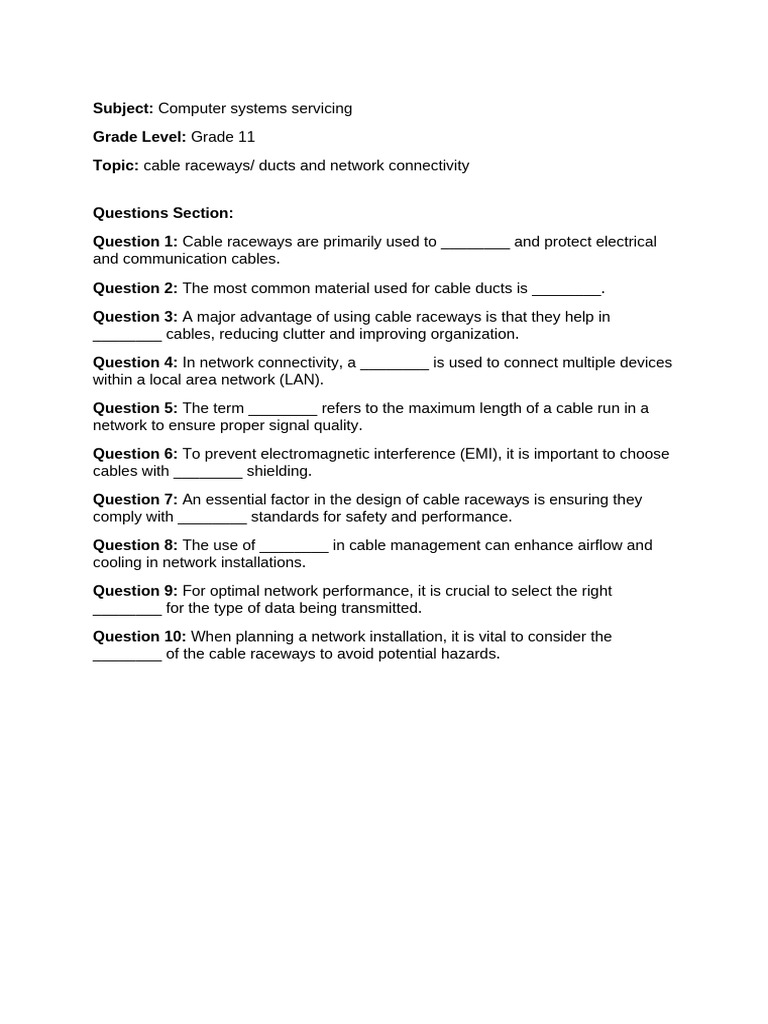 Quiz - Cable Raceways - Ducts and Network Conectivity | PDF | Computer ...