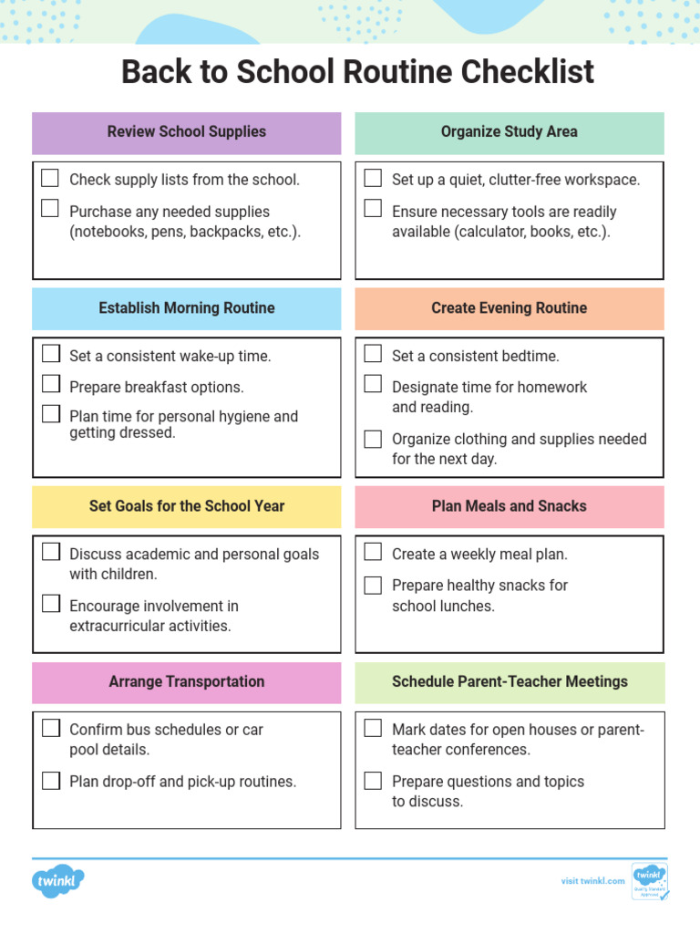 Color Back To School Routine Checklist | PDF | Meal