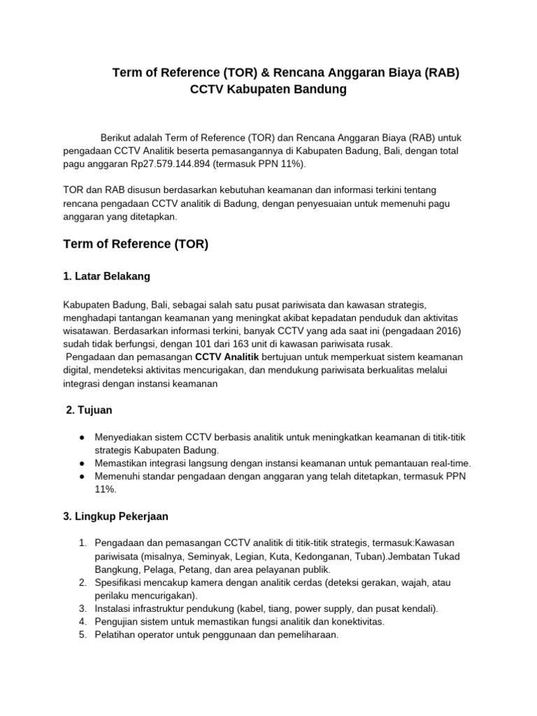 TOR Dan RAB Pengadaan CCTV Analitik Beserta Pemasangannya Di Kabupaten Badung, Bali (Final) | PDF