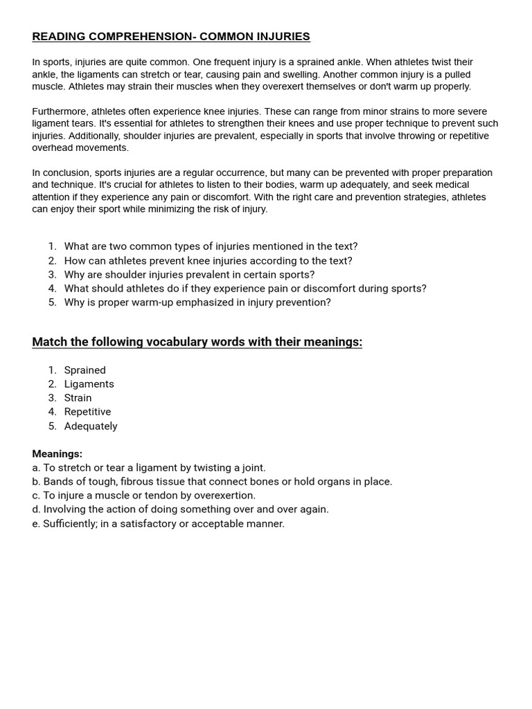 Reading Comprehension - Common Injuries | PDF