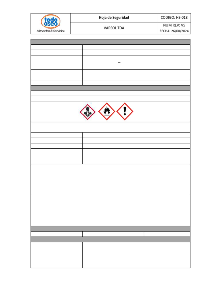 Hs-018 Hoja de Seguridad Varsol | PDF | Combustión | Agua