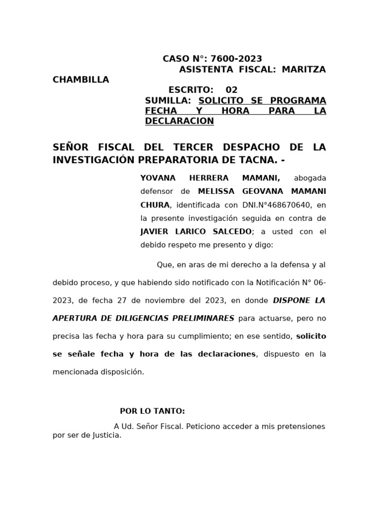 Solicito Fecha para Declaracion-Melissa | PDF