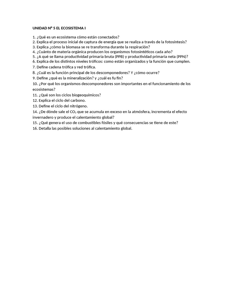 UNIDAD N°5 Cuestionario 1 Ecosistemas | PDF