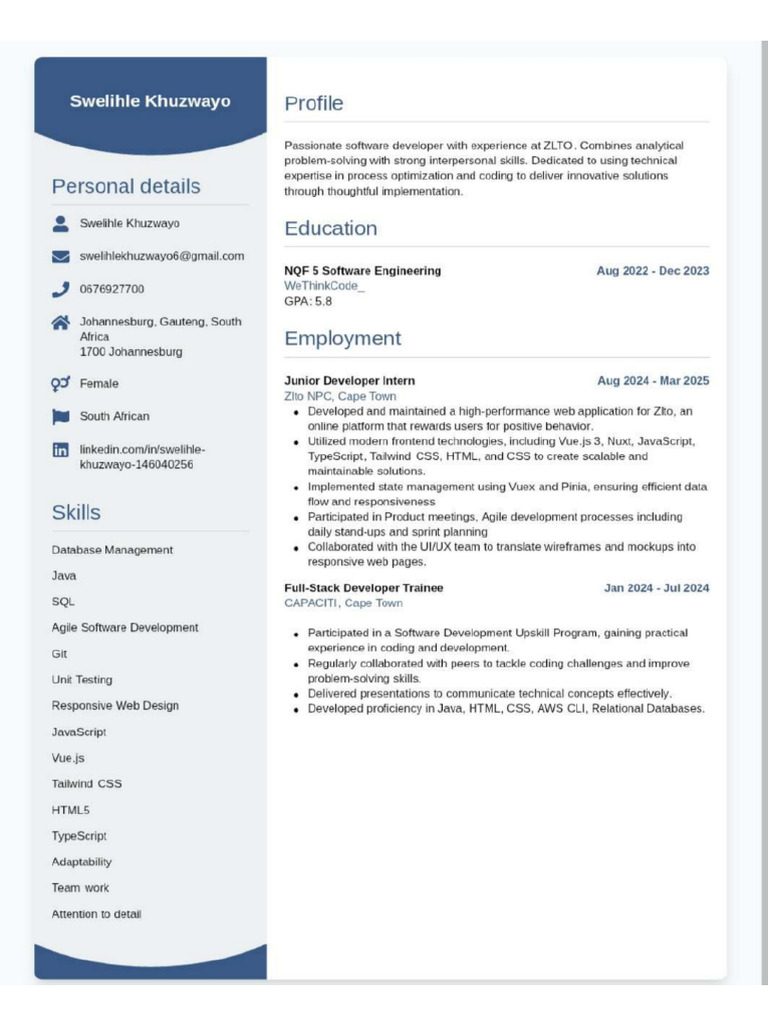 Swelihle - Front-End Dev CV | PDF