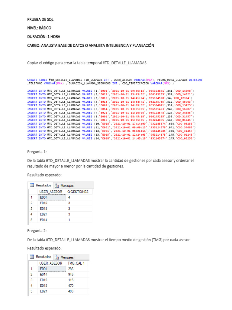 Prueba SQL Basico - Analista | PDF | SQL | Diseño de software