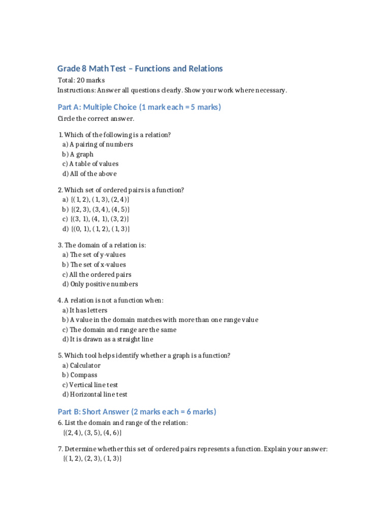 Grade 8 Functions and Relations Test | PDF